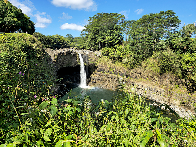 Rainbow Falls lives up to its name with morning mist catching the sunlight. Hawaii's version of nature's disco ball.