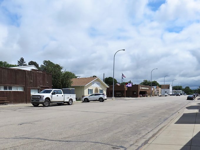 Washburn's historic main street features sturdy brick architecture that has weathered prairie storms with dignified grace.