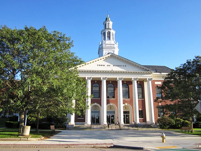 Webster's town hall looks like it should charge admission! Those columns and that cupola scream "fancy town" while the tax bills whisper "affordable living."