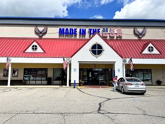Patriotic pride meets practical shopping where red, white, and blue decorations celebrate American-made treasures and values.