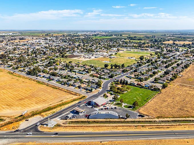 Golden farmland stretches endlessly under big blue skies, reminding you why they call this the breadbasket of California.