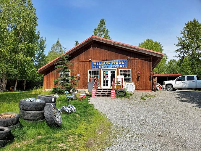 This rustic cabin thrift store looks like it belongs in a Hallmark movie. Complete with tires in the yard&mdash;pure Alaska!