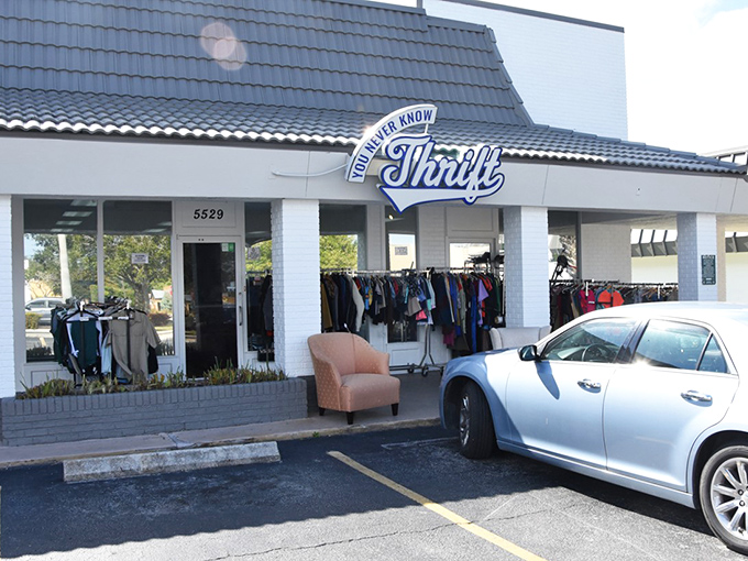 "You Never Know Thrift" &ndash; the most honest store name in Florida, promising surprises under that charming blue and white awning.