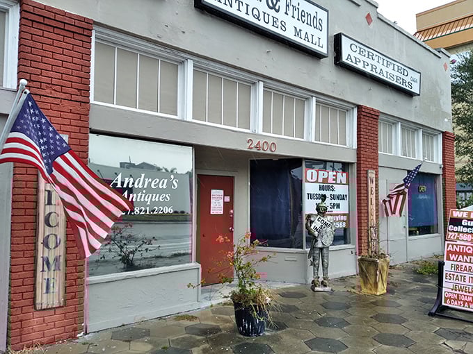 Those patriotic flags wave proudly, signaling a place where American history lives on through collectibles and memories.