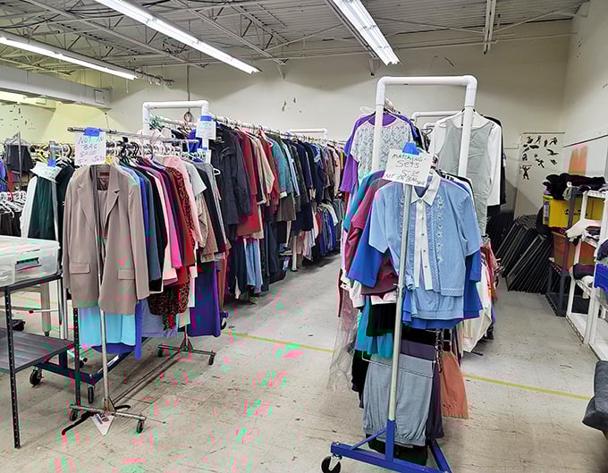 A peek inside Bargain Hunterz reveals colorful clothing racks stretching into the distance like a rainbow of possibilities.