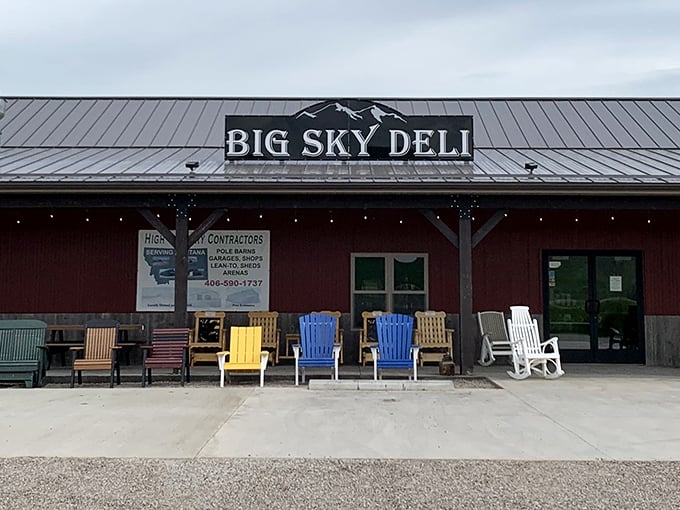 Those colorful chairs aren't just for show - they're the perfect spot to savor Big Sky's incredible sandwiches on a sunny day.