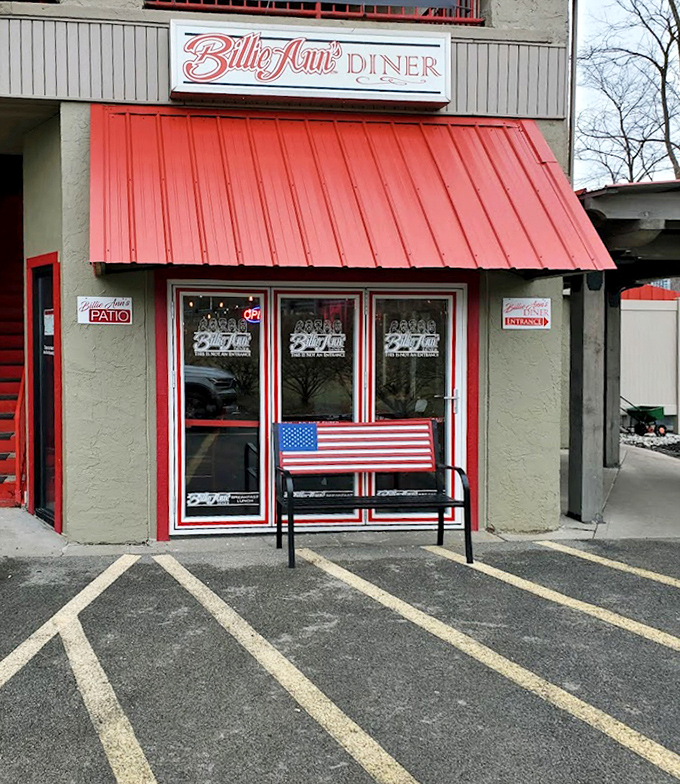 That patriotic bench outside Billie Ann's isn't just seating—it's where you'll rest while contemplating a second slice of pie.