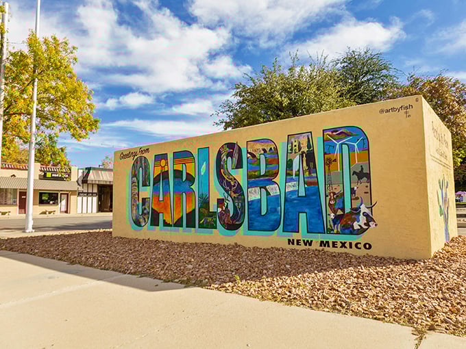 Carlsbad's colorful welcome sign says it all. When your town name is this artistic, you know the vibe matches.