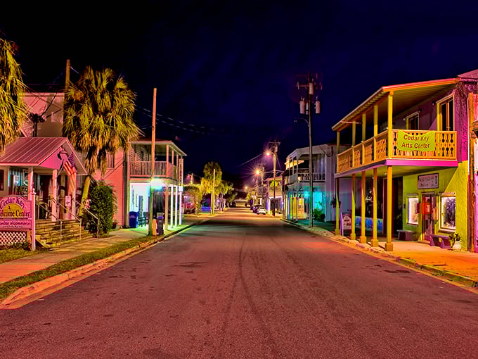 As night falls on Cedar Key, the vibrant buildings glow with character, creating a magical small-town atmosphere that feels worlds away from Florida's busier tourist spots.