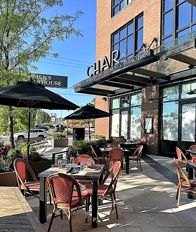 The perfect people-watching perch: Char's outdoor patio invites you to linger over cocktails before diving into their legendary bone-in ribeye.