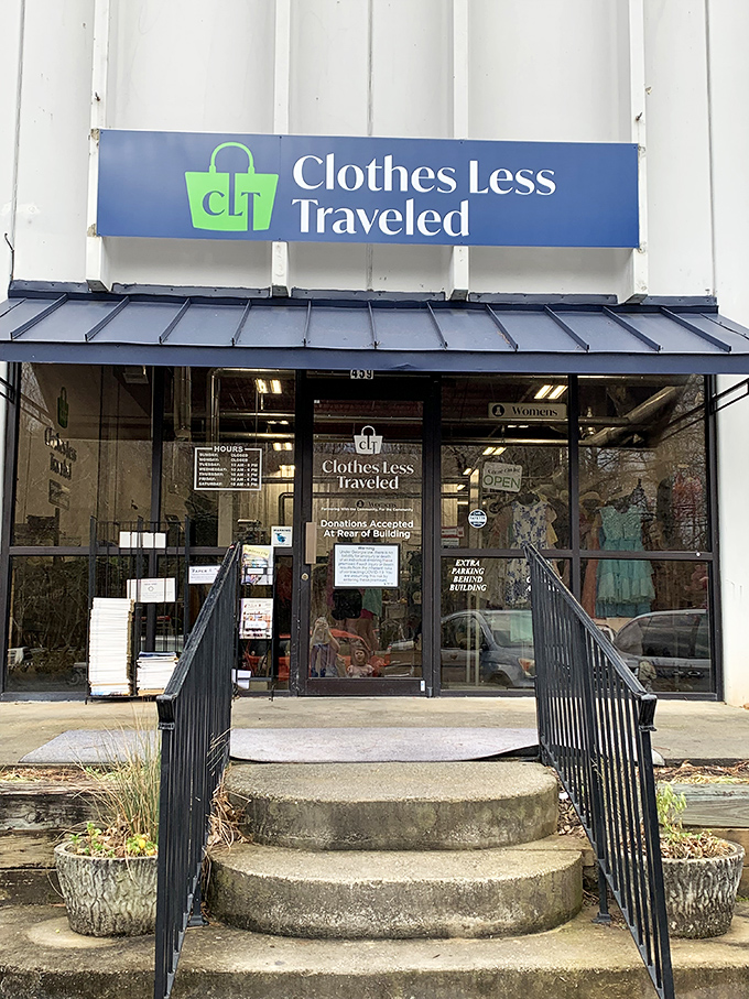 The clean lines and professional signage hint at what's inside&mdash;thrift store prices with boutique store organization.