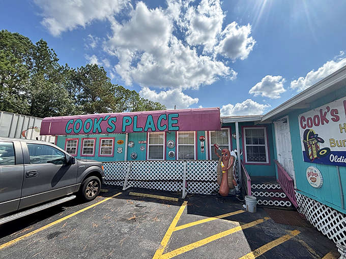Cook's Place explodes with color like a hot dog joint designed by a happy child with access to turquoise paint.
