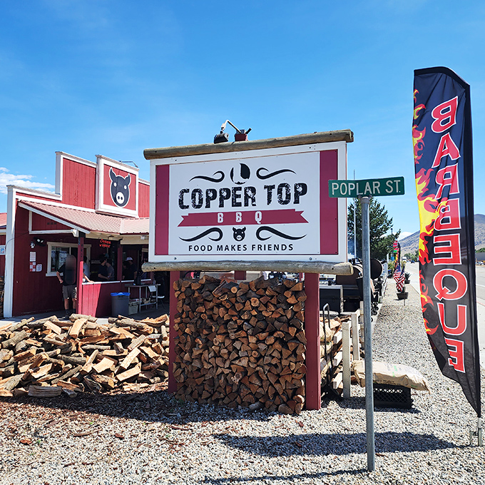Those towering wood piles promise hours of slow smoking that transforms ordinary meat into barbecue poetry.