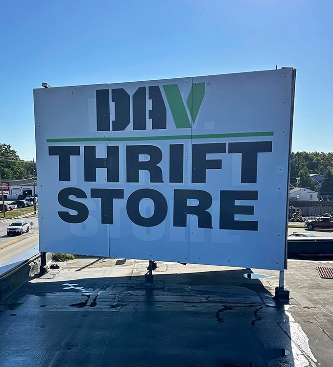 This DAV Thrift Store sign stands tall against the blue Iowa sky, a beacon for bargain hunters and veterans supporters alike.