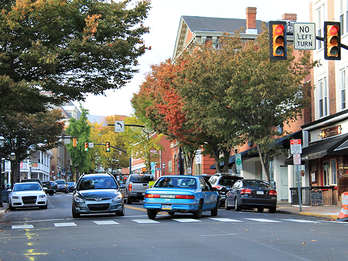 The heart of Doylestown reveals itself at intersections like this, where history and modern life blend seamlessly under changing traffic lights.