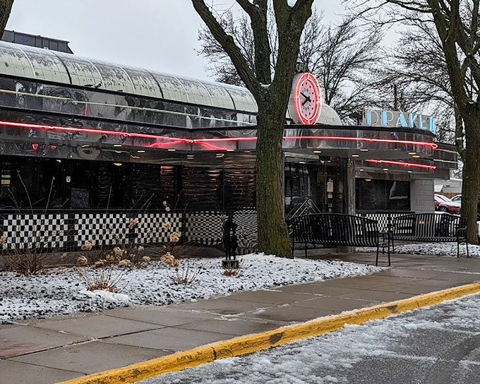 Winter can't dim the Drake Diner's classic silhouette &ndash; a silver bullet of comfort on cold Iowa days.