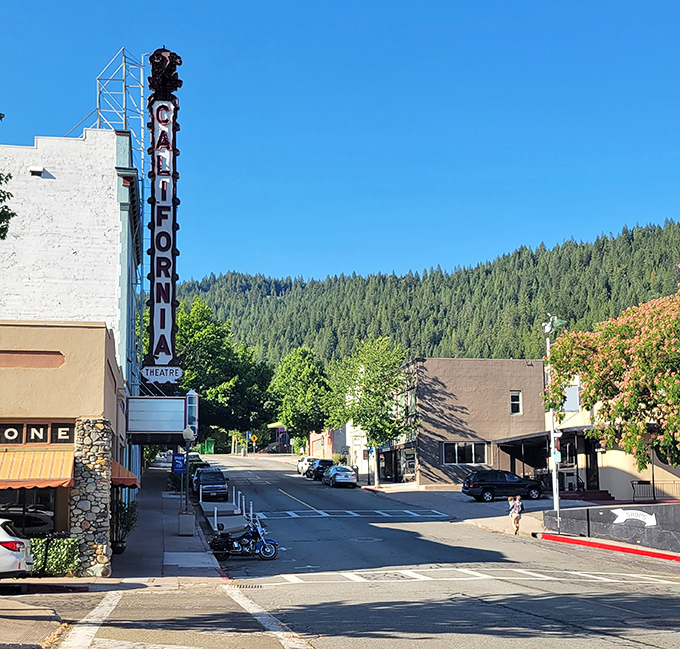 The historic California Theatre sign stands tall in Dunsmuir, a neon beacon promising entertainment in a town where the mountains provide the best show.