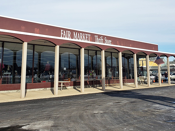 The spacious storefront of Fair Market Thrift Store promises organized aisles and unexpected finds. Bargain hunting made civilized.