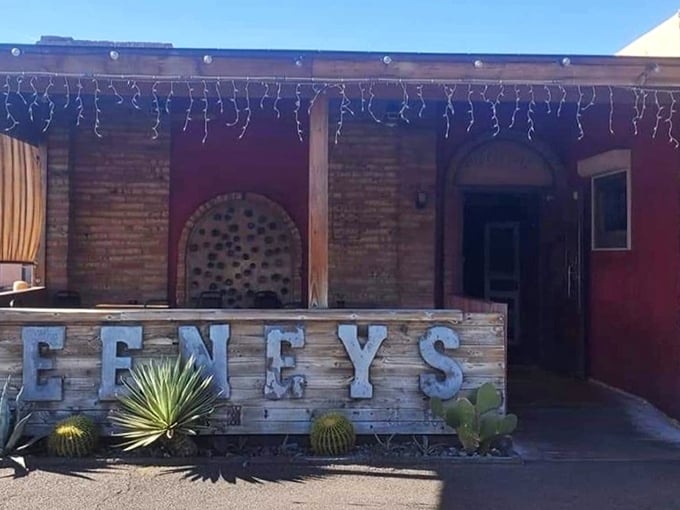 Desert plants and twinkling lights create Feeney's distinctive welcome. This is where locals go when they don't want to share their secret spot.