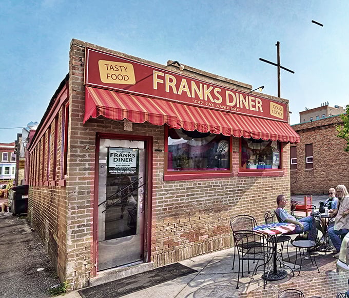 Under that perfect blue Wisconsin sky, Frank's Diner stands ready to serve breakfast worth waiting in line for.