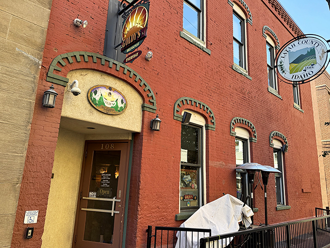 Historic brick and arched windows frame Goldy's entrance. Inside, breakfast dreams come true one hollandaise sauce at a time.