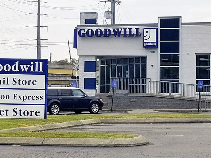 The bright, accessible entrance to Goodwill Outlet Store, where treasures are sold by the pound instead of the piece.