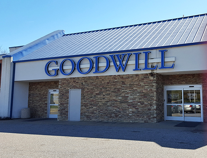 Goodwill's distinctive blue signage stands out against the sky, a familiar landmark for bargain hunters across Tennessee.