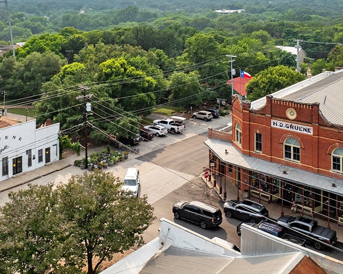 This aerial view reveals why Gruene feels like discovering a hidden treasure in the hills. 