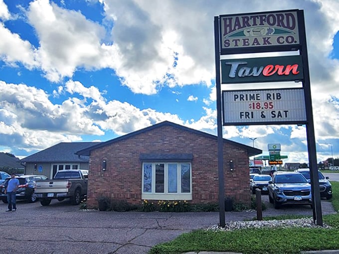 The sign promises prime rib that'll make you forget every other weekend special you've ever had. Small town, big flavor.