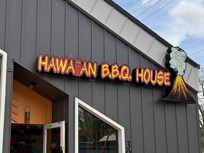 Orange neon cutting through Wyoming darkness - this island-style BBQ brings warmth to cold mountain nights.