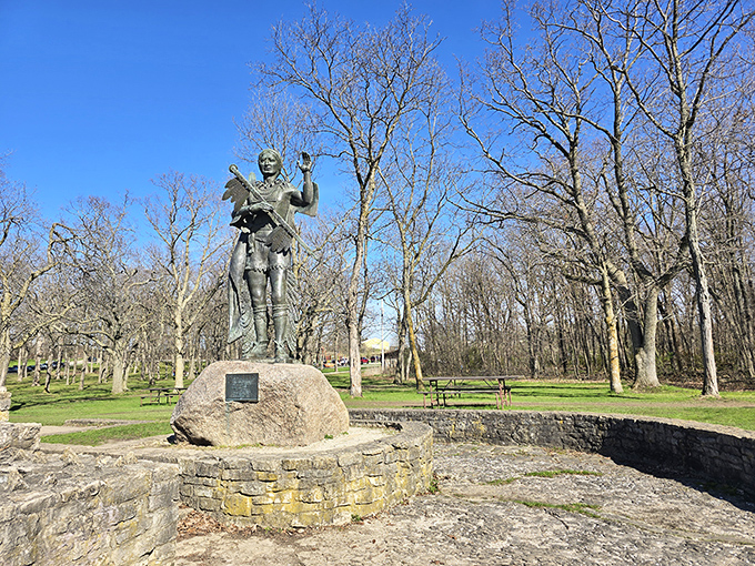 This ancient Native American statue stands guard at High Cliff, a silent storyteller of Wisconsin's rich cultural heritage.