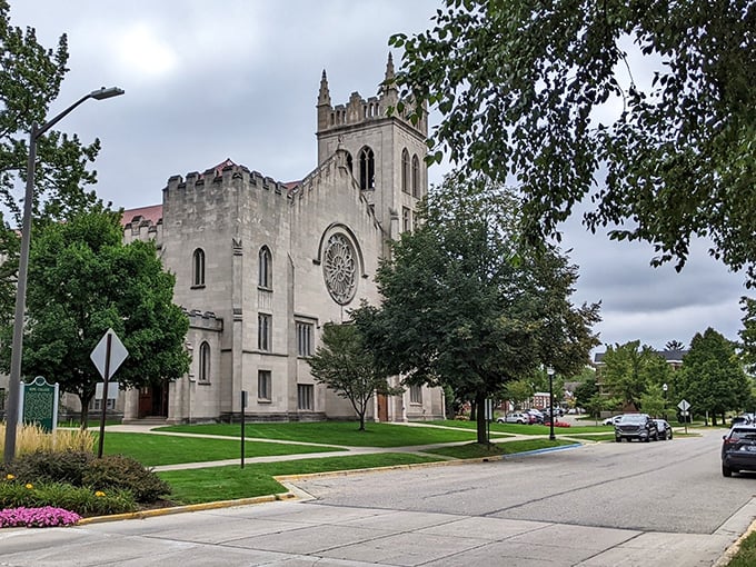 Gothic grandeur rises majestically, proving that small towns can house big architectural dreams.
