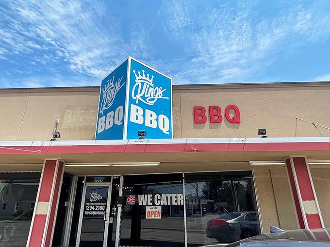 The simple storefront of King's BBQ belies the complexity of flavors waiting inside. Don't judge this book by its cover!