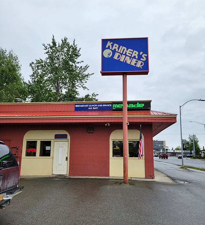 Morning light catches Kriner's distinctive sign, promising "Breakfast, Lunch and Dinner ALL DAY!" &ndash; music to a comfort food lover's ears.