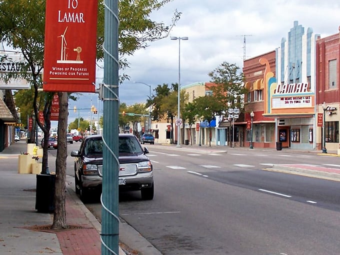 That red banner welcomes you to Lamar, where colorful storefronts and affordable living paint the perfect retirement picture.