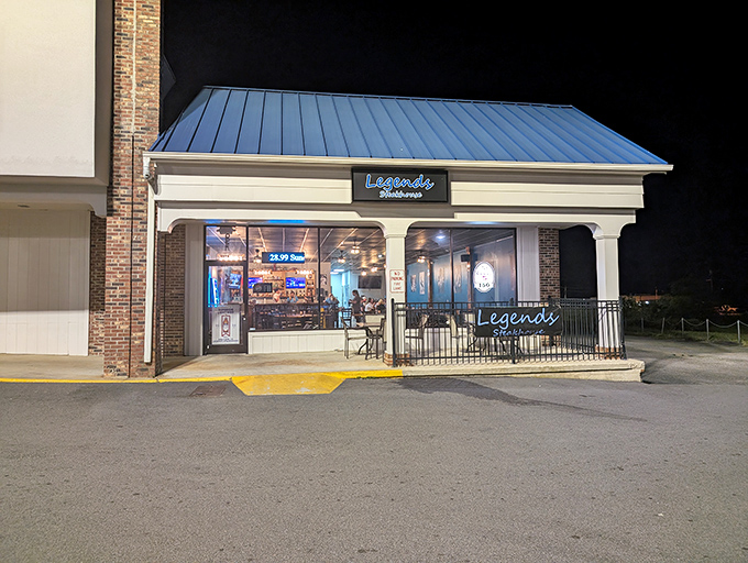 By night, Legends transforms into a glowing hub of sizzling steaks and lively conversation in the heart of Newberry.