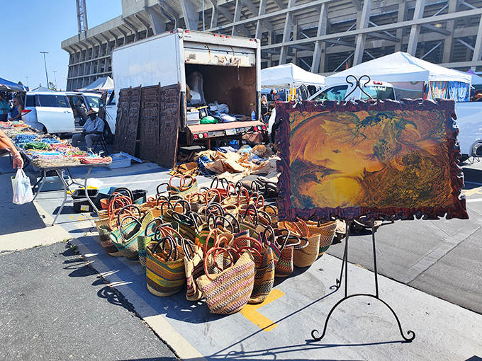 Woven baskets and vintage art create a bohemian paradise at long beach antique market. That sunset painting might be the conversation starter your guest room needs!