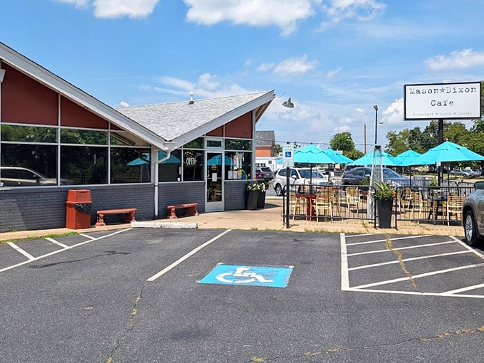 Colorful umbrellas create the perfect morning oasis for biscuits, eggs, and endless coffee.