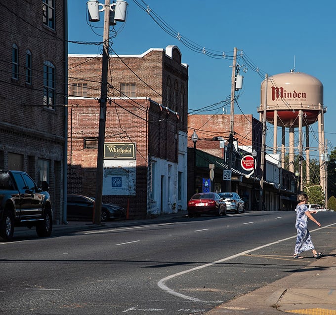 That iconic water tower watches over a town where Social Security checks stretch further than you'd believe – Minden's modest magic at work.