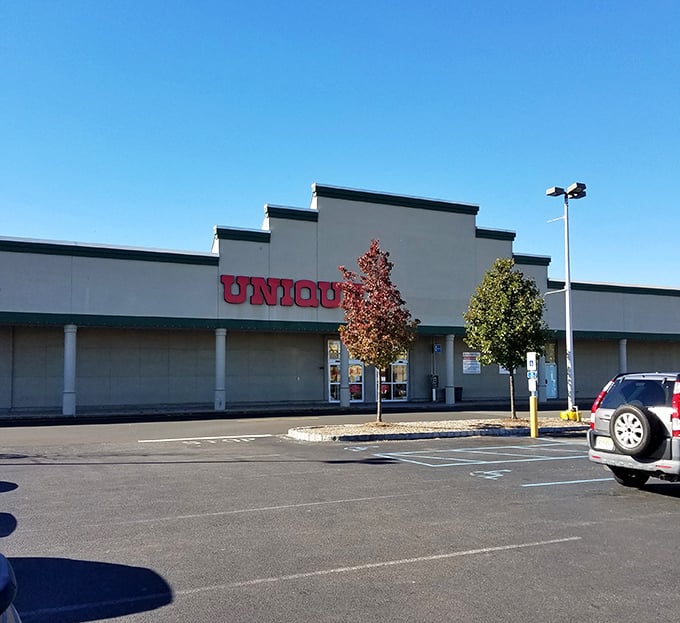 The simple storefront gives no hints about the labyrinth of treasures inside. Those trees add a touch of green to your bargain-hunting expedition.