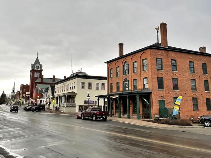 Rain-slicked streets in Newport reflect the town's historic brick buildings&mdash;proof that affordable retirement doesn't mean sacrificing New England character.