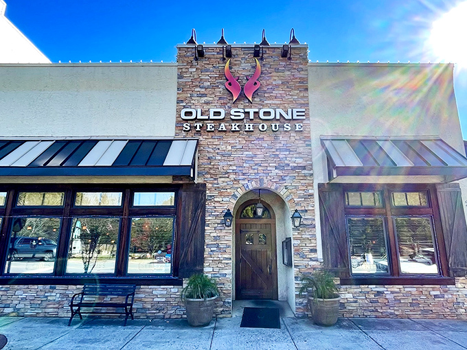 Sunshine highlights the craftsmanship of Old Stone's entrance – as meticulous as their cooking techniques.