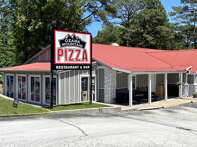 The stone-and-wood exterior of Ozark Mountain Pizza looks right at home in Branson's natural beauty. Pizza with a view!