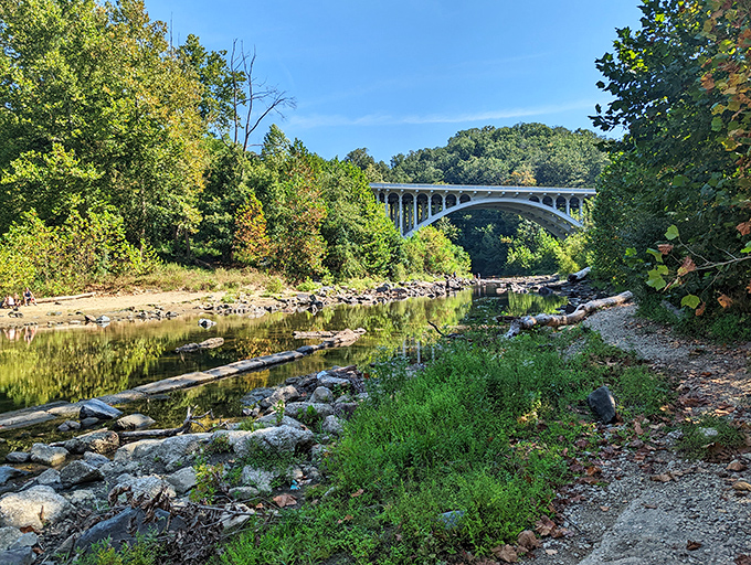 The historic bridge at Patapsco Valley frames the river below. Engineers of yesteryear knew how to make functional look fabulous!