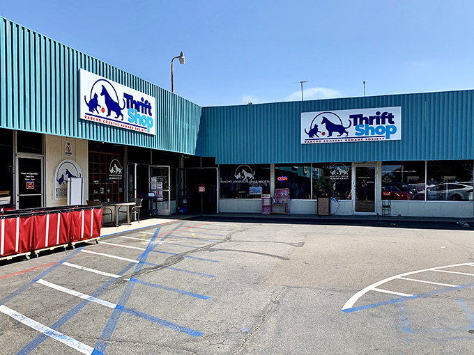 The expansive Rancho Coastal Humane Society Thrift Shop spreads out under perfect California skies. Bargain hunting with a heart!