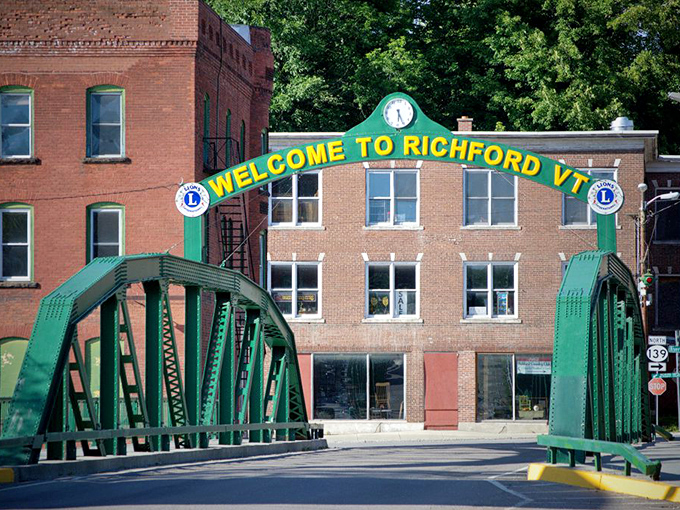 "Welcome to Richford VT" declares this iconic green bridge, marking the entrance to one of Vermont's most budget-friendly border towns.