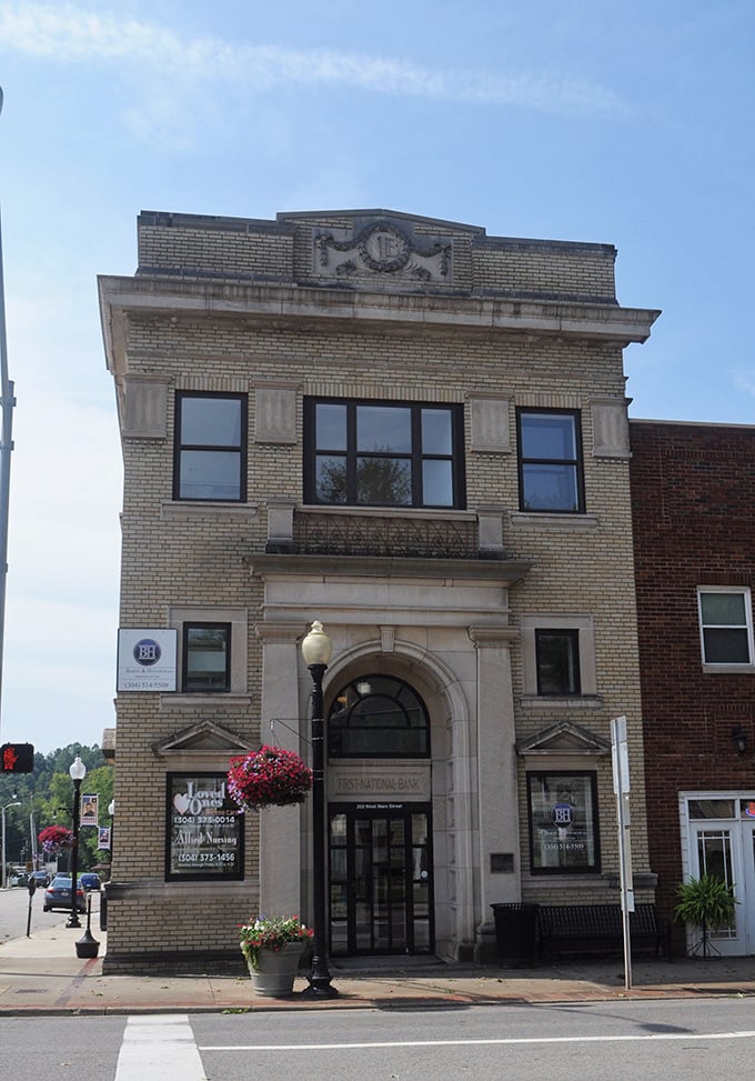 This grand old bank building in Ripley has been repurposed but not forgotten. Those hanging flower baskets add a touch of softness to all that impressive stonework.