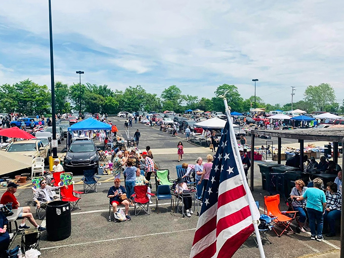 The American flag waves proudly over Rice's Market, where bargain-seeking has become a Pennsylvania tradition.