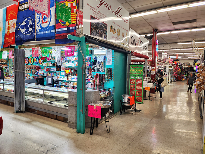 Bright lights illuminate endless aisles of collectibles, antiques, and surprises in this indoor shopping paradise.