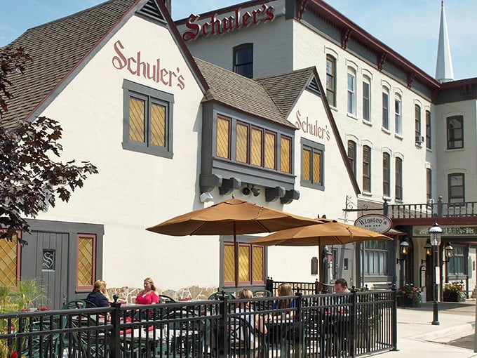 The outdoor patio at Schuler's invites you to savor your perfectly aged beef while soaking in small-town Marshall charm.